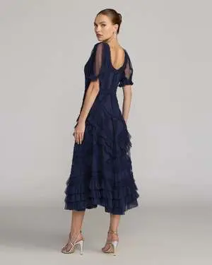 Mac Duggal Petite Short Sleeve Micro Ruffle Midi Dress