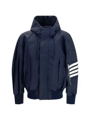 Thom Browne Technical Twill Jacket With Drawstring Hood And Signature Stripes - Black