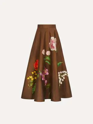 Oscar De La Renta Mixed Botanical Midi Skirt - Brown