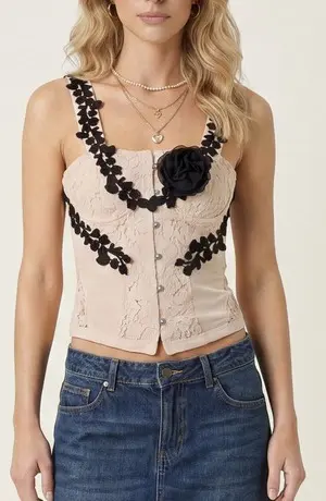 MODENAIRE Lace Panel Floral Strap Detail Button Front Corset Top