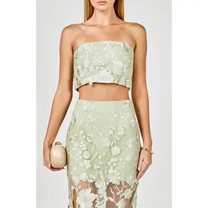 Endless Rose Floral Embroidered Strapless Crop Top - Sage