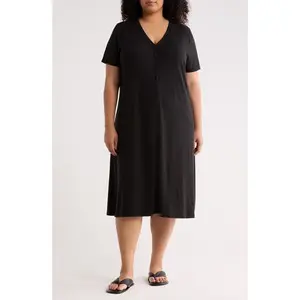 Eileen Fisher Ribbed V-neck Dress - Black