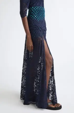 Rabanne Embroidered Ruched Stretch Lace Maxi Skirt - Deep Navy