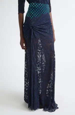 Rabanne Embroidered Ruched Stretch Lace Maxi Skirt - Deep Navy
