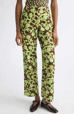 SIEDRES Roux Floral Low Rise Straight Leg Cotton Twill Pants - Brown Multi