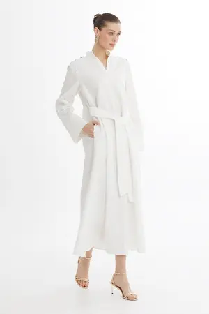 GIZIA Ecru Bone Button Detail Midi Dress With Beaded Belt