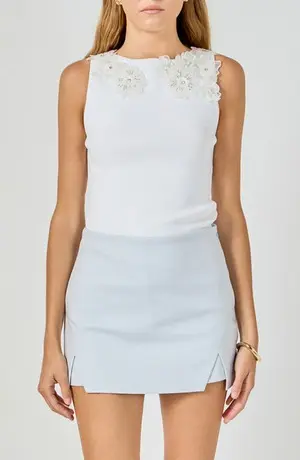 Endless Rose Flower Trim Sleeveless Rib Top - White