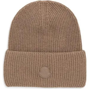 Moncler Logo Patch Virgin Wool & Cashmere Beanie - Beige