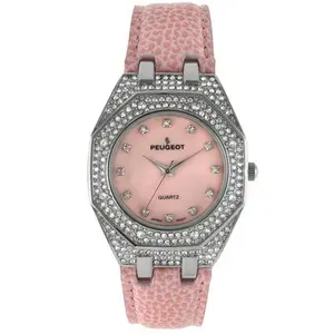 PEUGEOT Hexagonal Crystal Bezel Leather Watch 37mm - Pink