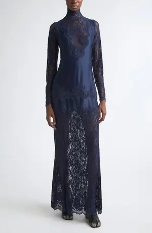 Rabanne Long Sleeve Lace And Jersey Turtleneck Maxi Dress - Deep Navy