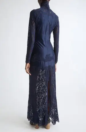 Rabanne Long Sleeve Lace And Jersey Turtleneck Maxi Dress - Deep Navy