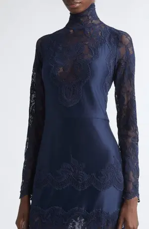 Rabanne Long Sleeve Lace And Jersey Turtleneck Maxi Dress - Deep Navy