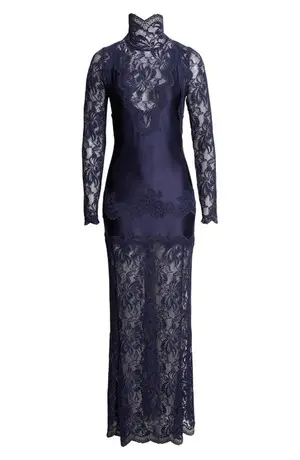 Rabanne Long Sleeve Lace And Jersey Turtleneck Maxi Dress - Deep Navy
