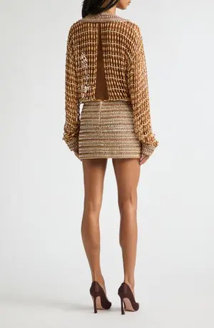 LAQUAN SMITH Beaded Plunge Neck Long Sleeve Mini Dress
