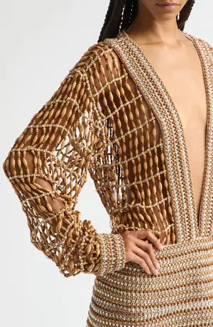 LAQUAN SMITH Beaded Plunge Neck Long Sleeve Mini Dress