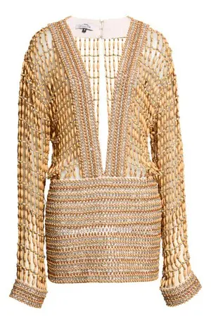 LAQUAN SMITH Beaded Plunge Neck Long Sleeve Mini Dress