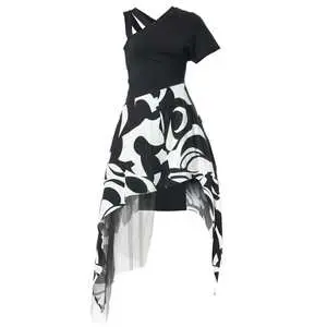 METAMORPHOZA Open Shoulder Long Top With Print And Tulle Layer - Black