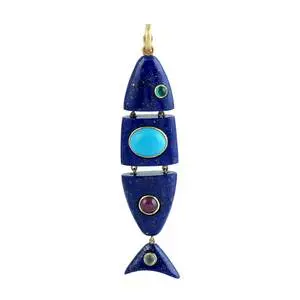 ARTISAN 14k Yellow Gold Lapis Lazuli Fish Pendant With Turquoise, Emerald, Ruby & Moonstone