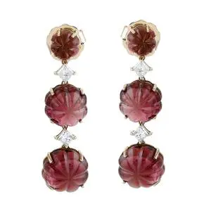 ARTISAN 14k Yellow Carved Pink Tourmaline And Diamond Triple Drop Earrings - Gold