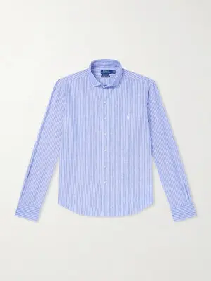 Polo Ralph Lauren Striped Logo-embroidered Cotton And Linen-blend Seersucker Shirt - Blue