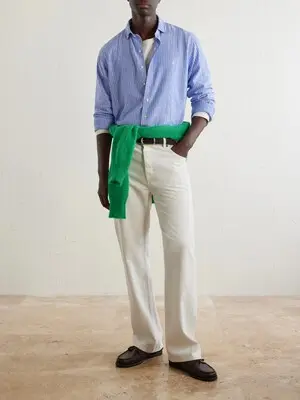 Polo Ralph Lauren Striped Logo-embroidered Cotton And Linen-blend Seersucker Shirt - Blue