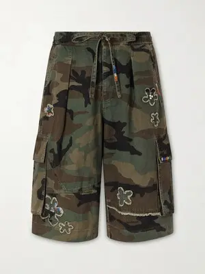 NAHMIAS Wide-leg Printed Cotton Cargo Shorts - Green