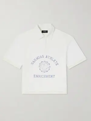 NAHMIAS Destroyed Logo-print Pointelle-knit Cotton Polo Shirt - White