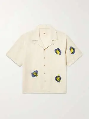 Folk Camp-collar Printed Embroidered Linen And Cotton-blend Shirt - Ecru