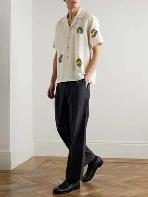 Folk Camp-collar Printed Embroidered Linen And Cotton-blend Shirt