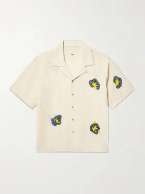 Folk Camp-collar Printed Embroidered Linen And Cotton-blend Shirt - Neutrals