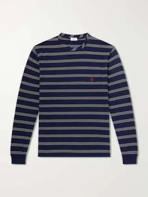 Celine Triomphe-embroidered Striped Cotton-jersey T-shirt - Navy