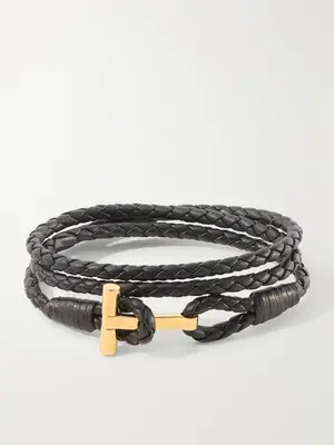 TOM FORD Braided Leather And Gold-plated Wrap Bracelet - Brown