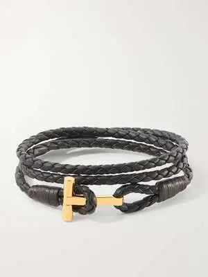 TOM FORD Braided Leather And Gold-plated Wrap Bracelet
