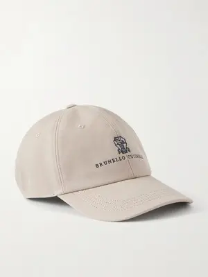 Brunello Cucinelli Logo-embroidered Leather-trimmed Cotton-twill Baseball Cap - Neutrals