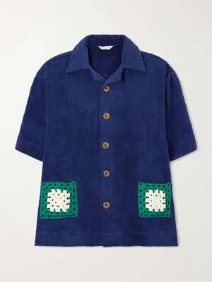 TERRY PUESTO Boxy Crochet-trimmed Organic Cotton-terry Shirt - Blue