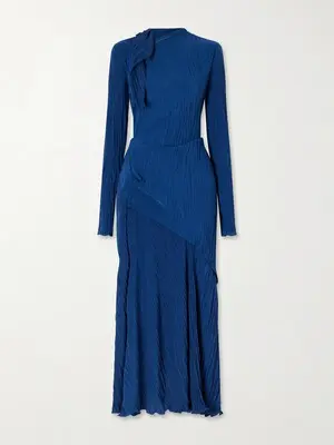 Victoria Beckham Draped Plissé-crepe Midi Dress - Blue