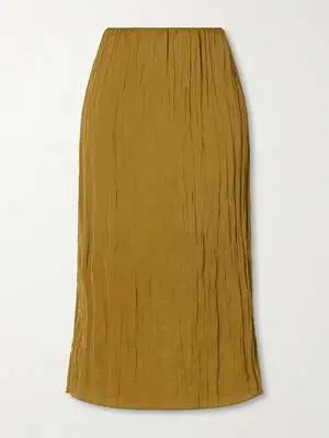 Tibi Crinkle Charmeuse Midi Skirt - Mustard