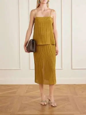 Tibi Crinkle Charmeuse Midi Skirt
