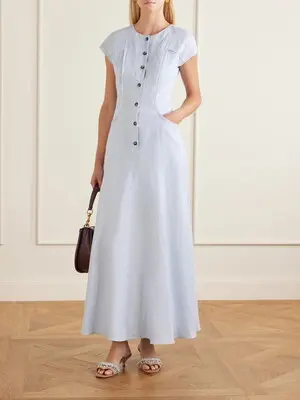 Saloni Sierra Linen Midi Dress - Blue