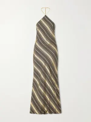 Stella McCartney Striped Silk-blend Halterneck Maxi Dress - Brown