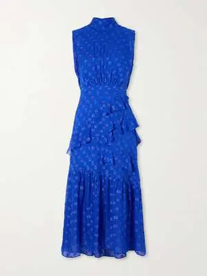 Saloni Fleur Polka-dot Ruffled Fil Coupé Silk-blend Crepe De Chine Midi Dress - Blue