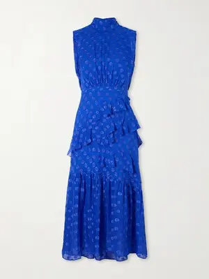 Saloni Fleur Polka-dot Ruffled Silk-blend Midi Dress - Blue