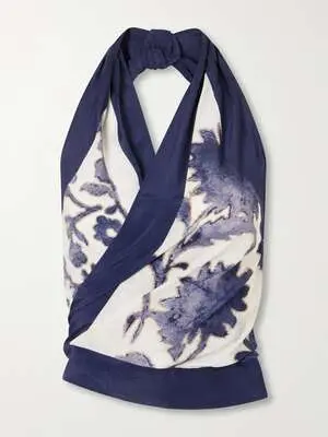SIR. Phillipa Printed Silk-blend Halter Tank - Blue