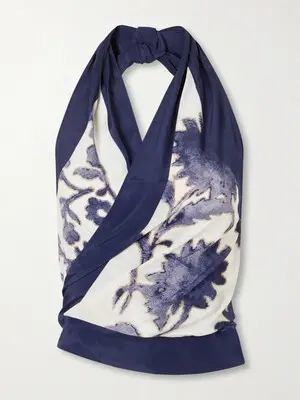 SIR. Phillipa Printed Silk-blend Halter Tank - Blue