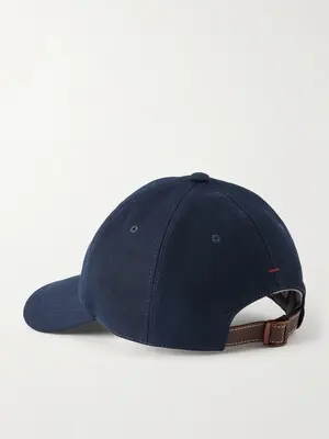Brunello Cucinelli Logo-embroidered Leather-trimmed Cotton-twill Baseball Cap - Blue