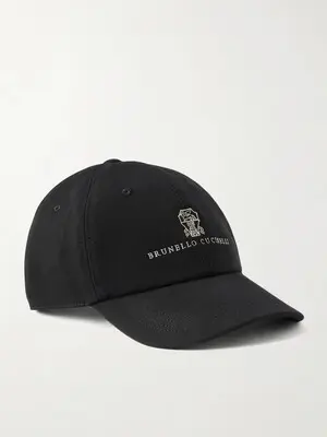 Brunello Cucinelli Logo-embroidered Leather-trimmed Cotton-twill Baseball Cap - Black