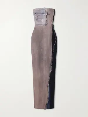 Rick Owens Distressed Paneled Stretch-denim Maxi Dress - Gray