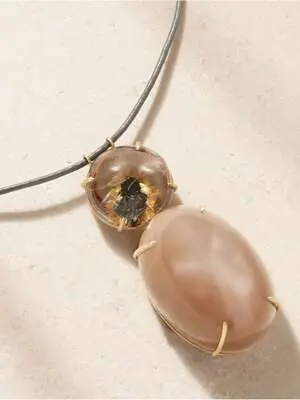 Marisa Klass 18-karat Gold, Quartz, Moonstone And Leather Necklace - Gray