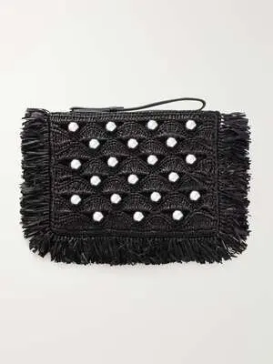 Rabanne Fringed Studded Raffia Clutch - Black