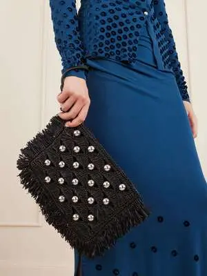 Rabanne Fringed Studded Raffia Clutch